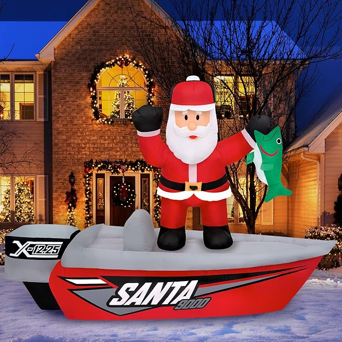Large 6 ft Santa Fishing Boat Christmas Inflatable | Outdoor Christmas ...